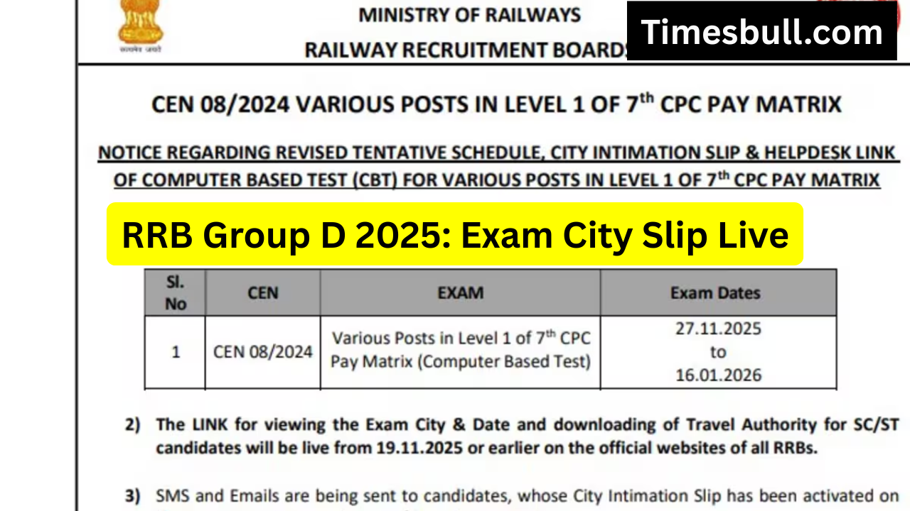 RRB Group D Exam City Slip 2025 Released - Check Exam Date City Details ...